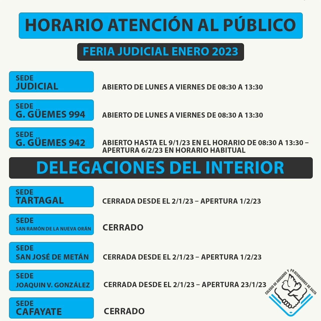 FUNCIONAMIENTO SEDES INSTITUCIONALES EN FERIA JUDICIAL DE ENERO 2023 - Colegio de Abogados y ...